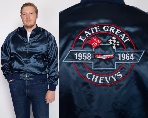 70s Late Great Chevys Blue Satin Varsity Jacket - A2 Jackets